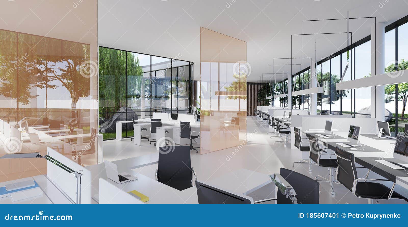 Spacious Light and Lighted Office with Work Desks and Glass Partitions ...