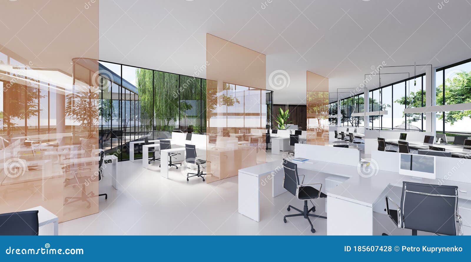 Spacious Light And Lighted Office With Work Desks And Glass Partitions ...