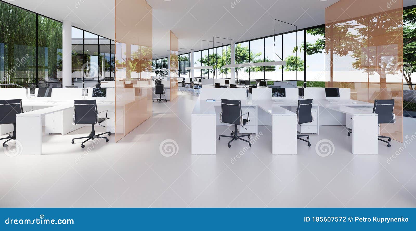 Spacious Light and Lighted Office with Work Desks and Glass Partitions ...