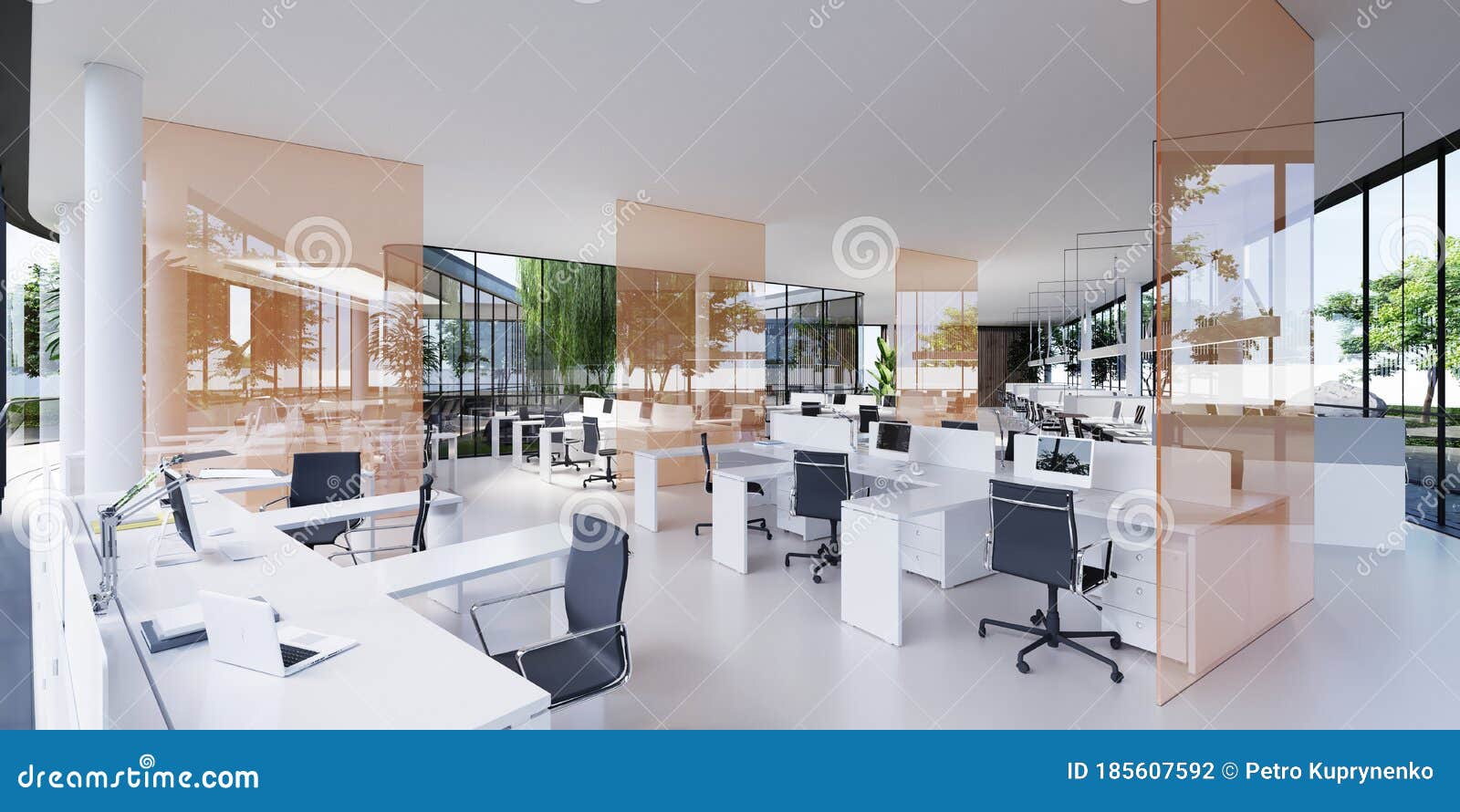 Spacious Light and Lighted Office with Work Desks and Glass Partitions ...