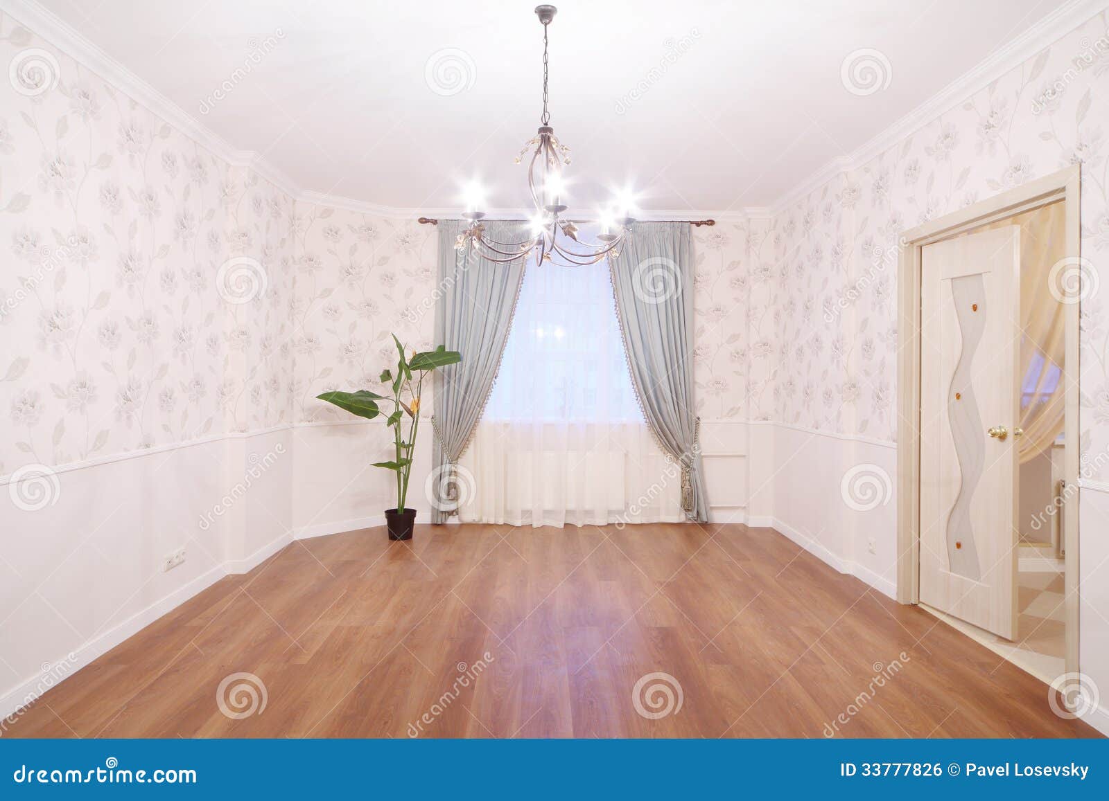Spacious Light Room with Chandelier and Window Stock Photo - Image of ...