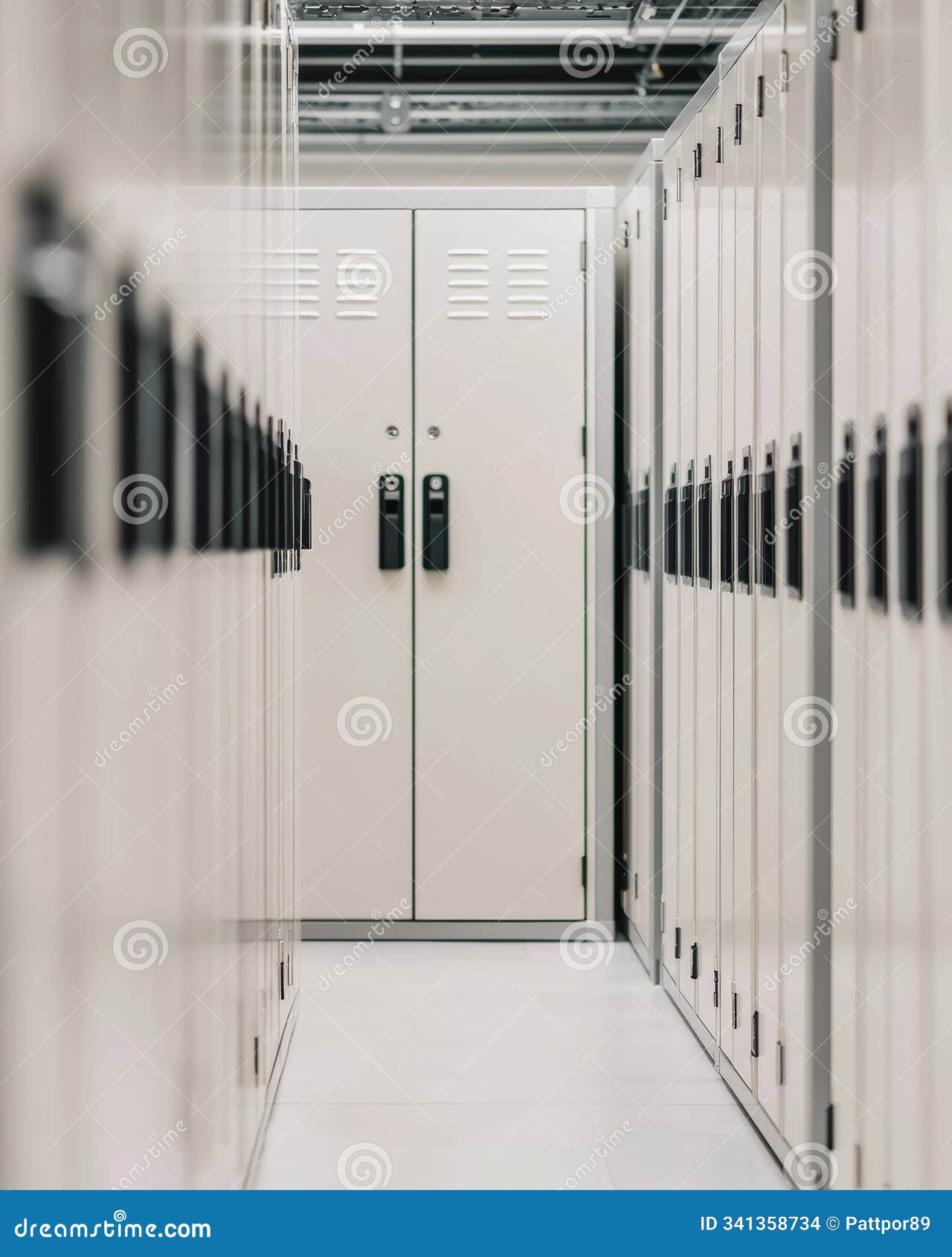 Spacious Locker Room with White Cabinets and Pathway Stock Illustration ...