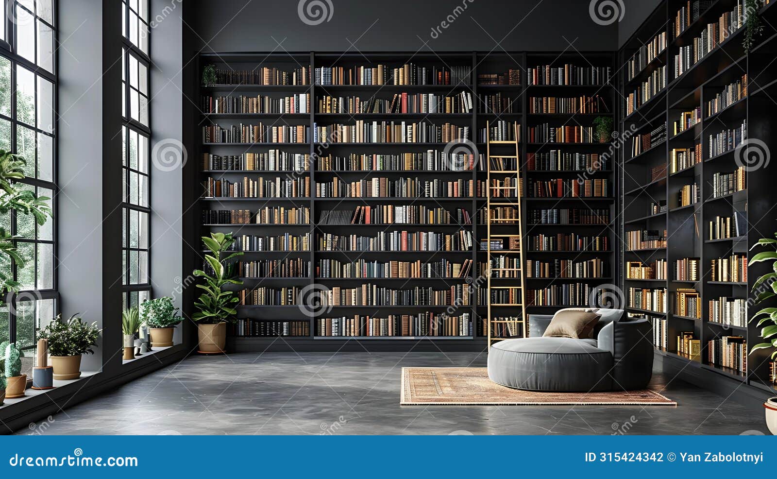 Spacious Minimalist Home Library with Ladder. Concept Minimalist Decor ...