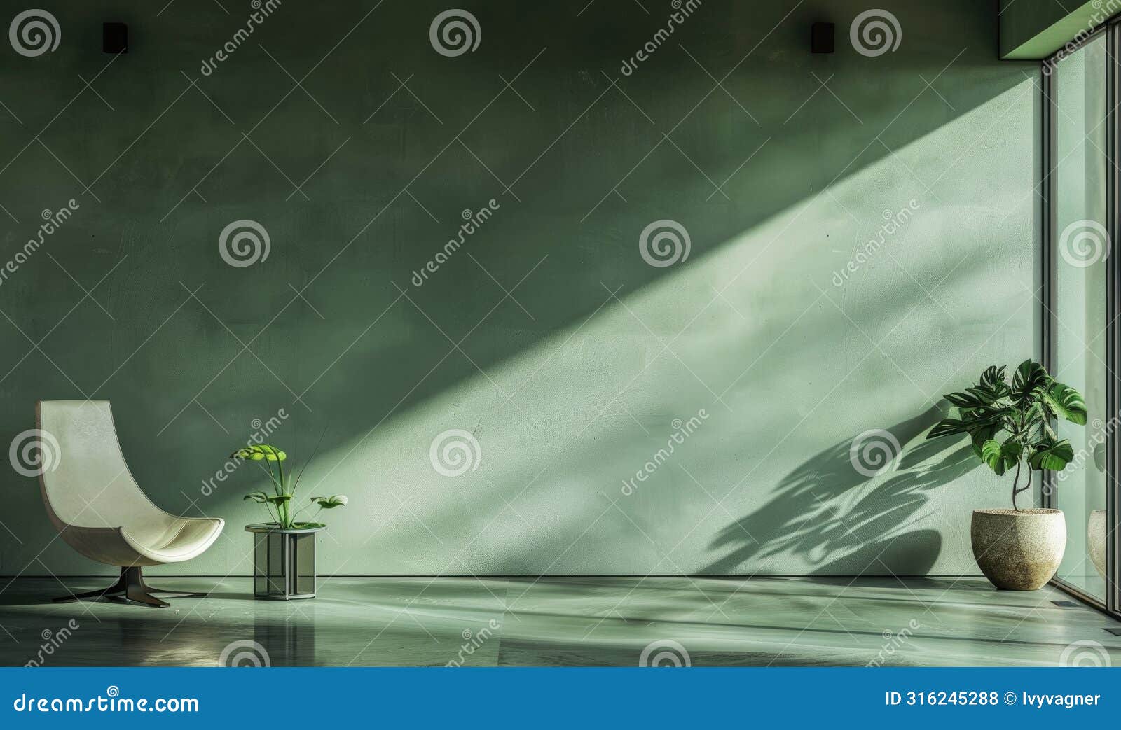 A Spacious Minimalistic Modern Interior with Muted Green Walls, Sleek ...