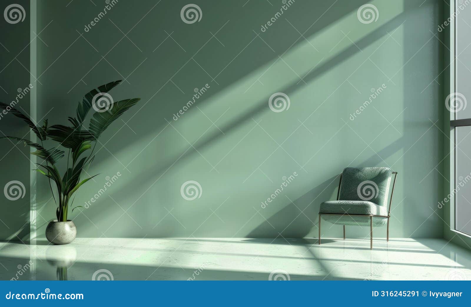 A Spacious Minimalistic Modern Interior with Muted Green Walls, Sleek ...