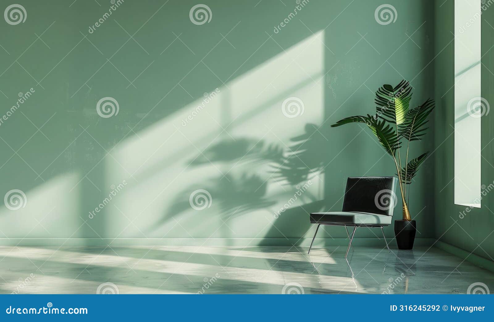 A Spacious Minimalistic Modern Interior with Muted Green Walls, Sleek ...