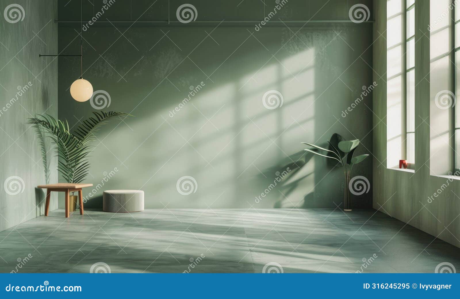 A Spacious Minimalistic Modern Interior with Muted Green Walls, Sleek ...