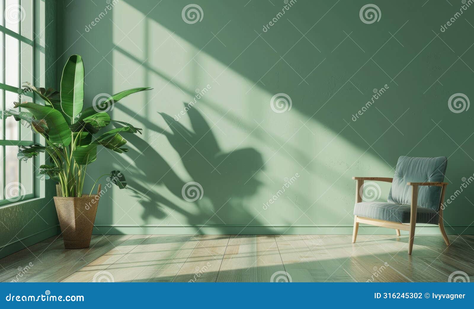 A Spacious Minimalistic Modern Interior with Muted Green Walls, Sleek ...