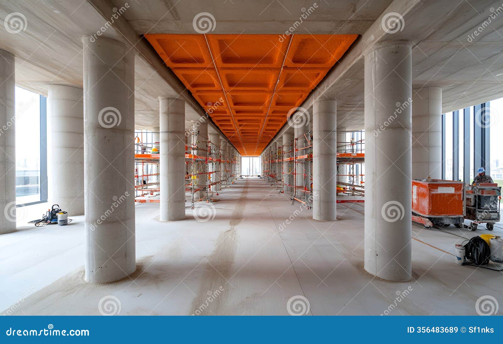 A Spacious, Modern Building Interior Under Construction, Featuring a Bright Orange Ceiling and ...