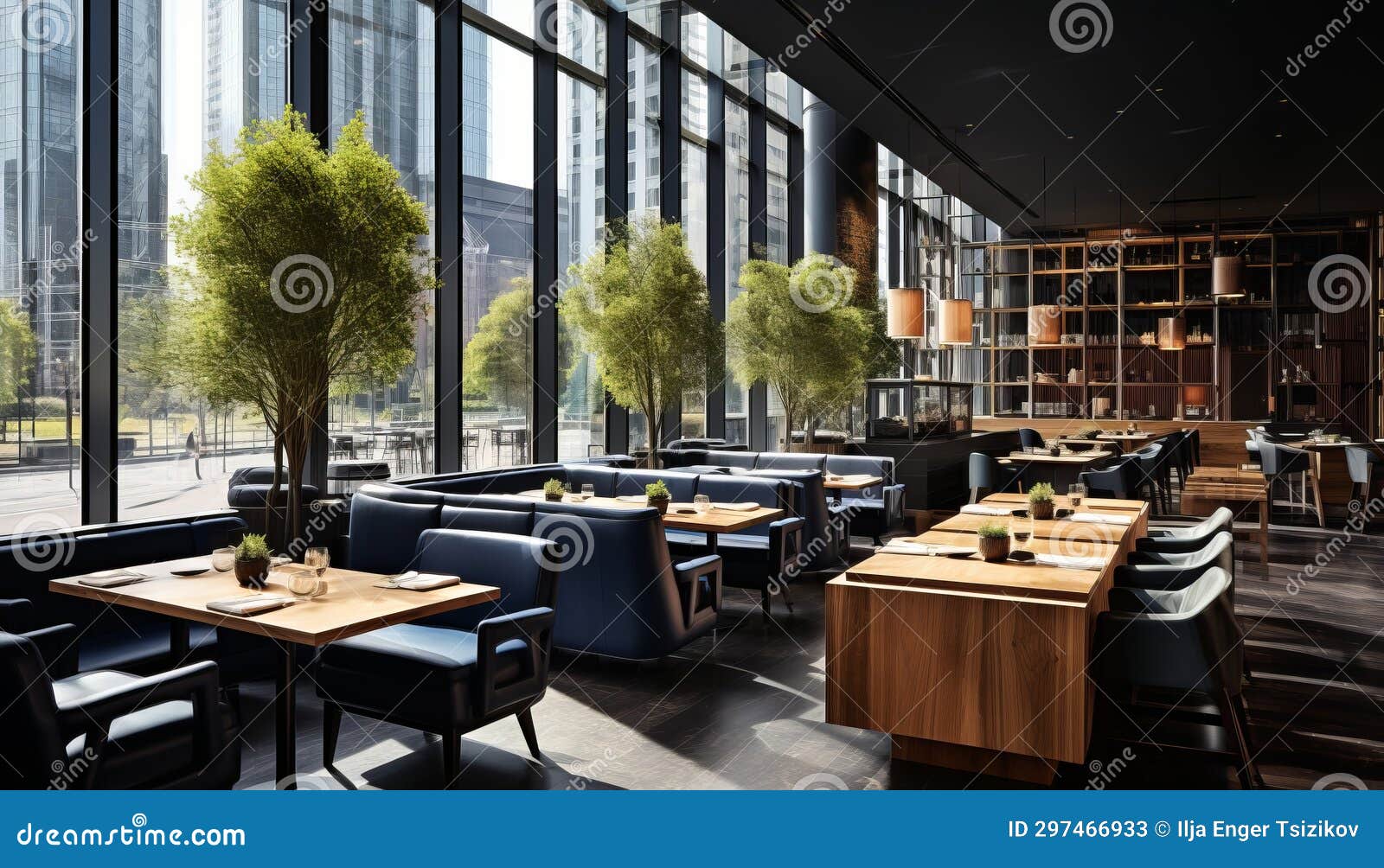 Spacious and Modern Empty Cafe Restaurant with Large Panoramic Windows ...