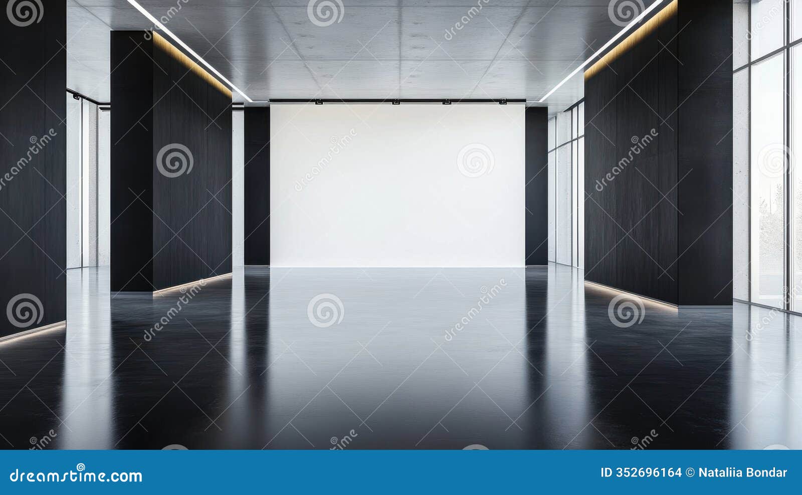 Spacious Modern Gallery Interior with Black Walls and Reflective Floor ...