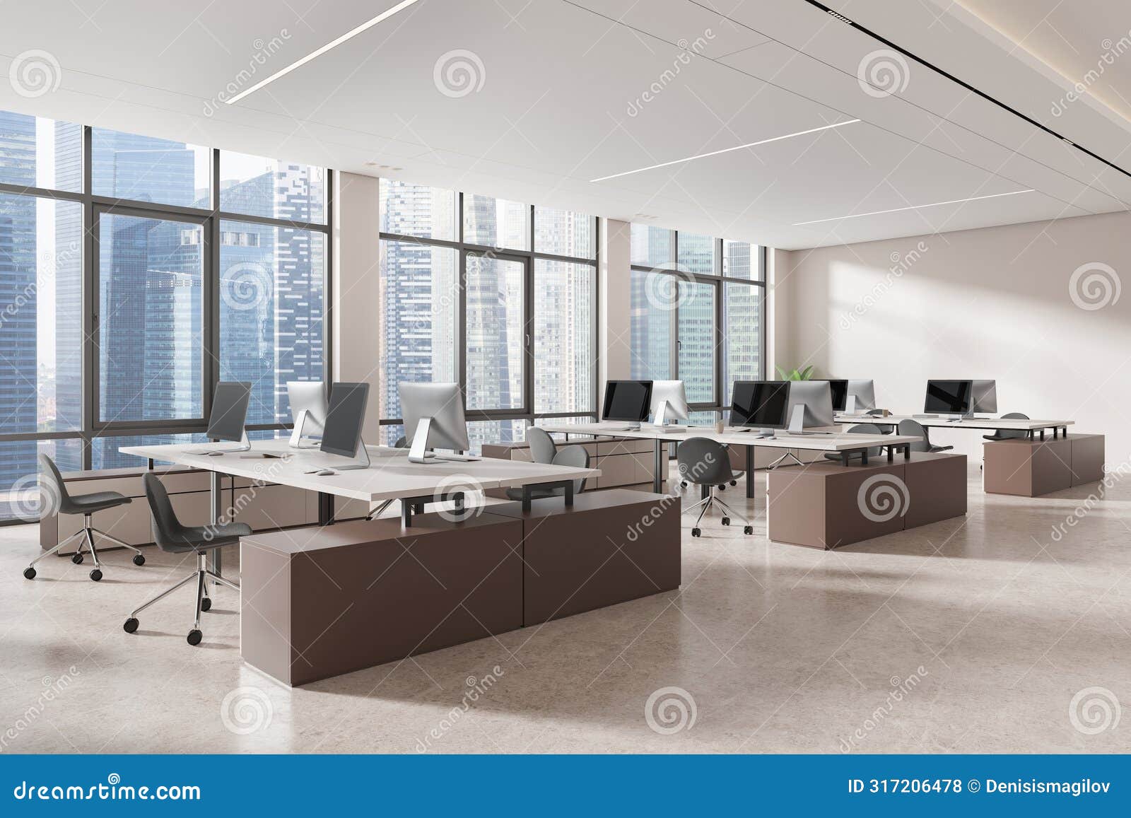 A Spacious Office Interior with Desks, Chairs, Computers, Against ...