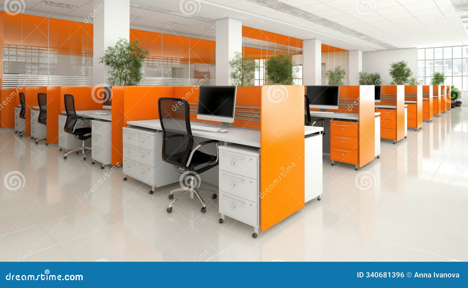A Spacious Office Area Showcases Organized Workstations with Orange Dividers, Modern Chairs, and ...