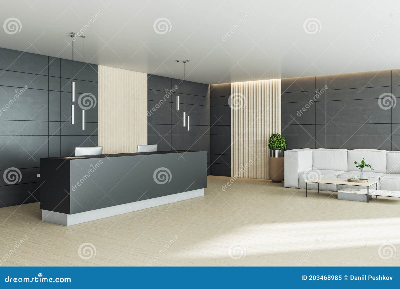 Spacious Reception Area with Two Computers and Waiting Sofa Stock ...