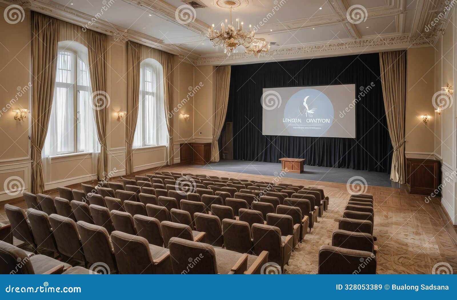Spacious Room with High Ceilings, Large Windows, and Stage with Podium ...