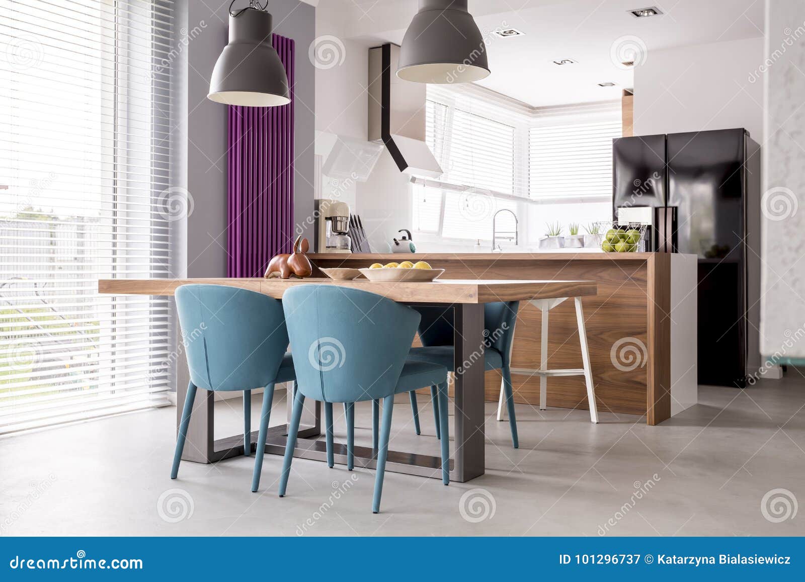 Spacious Room with Kitchen Annex Stock Image - Image of blinds, chairs ...