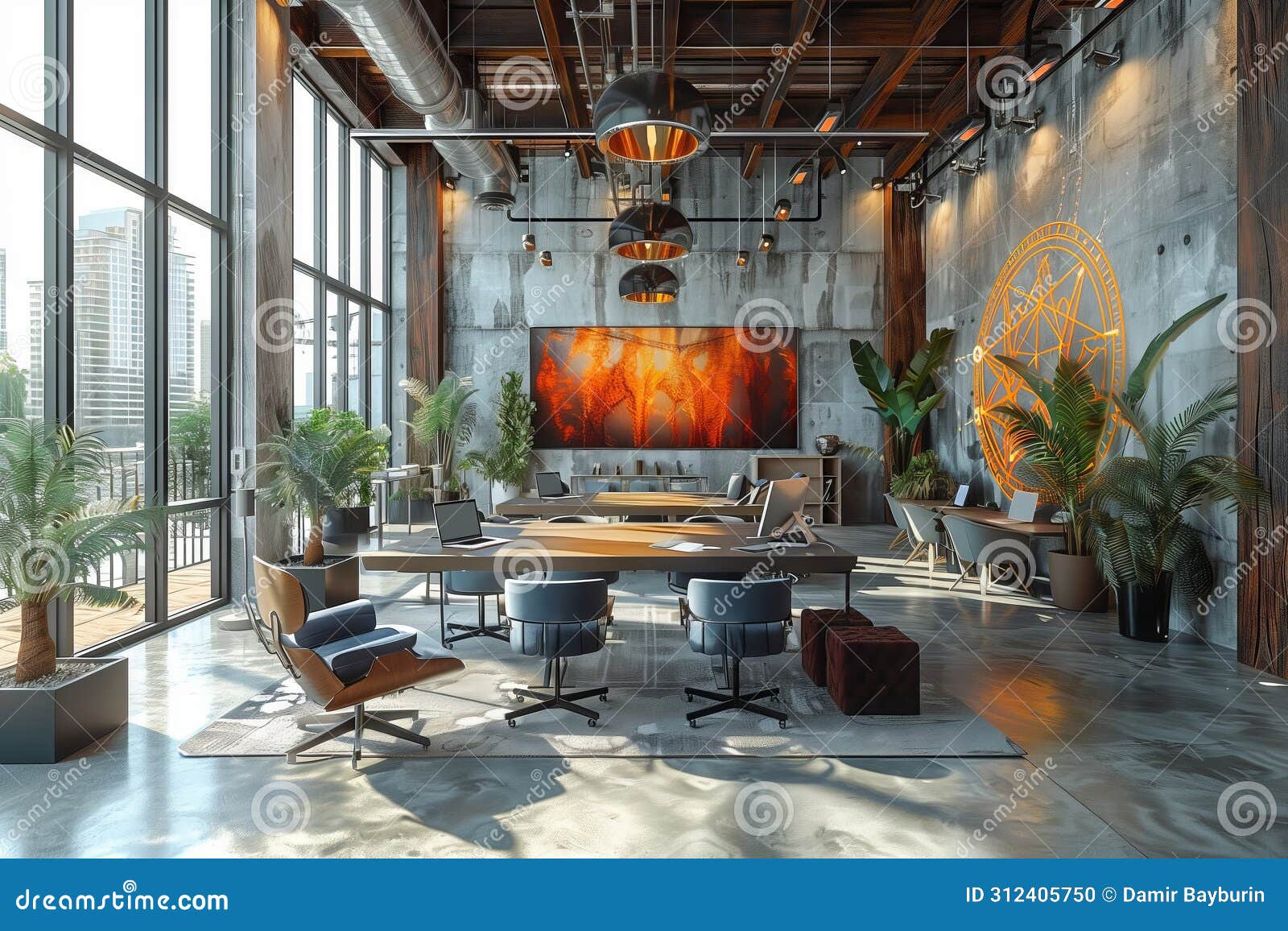 Spacious Room with Many Windows and Plantfilled Interior Design Stock ...