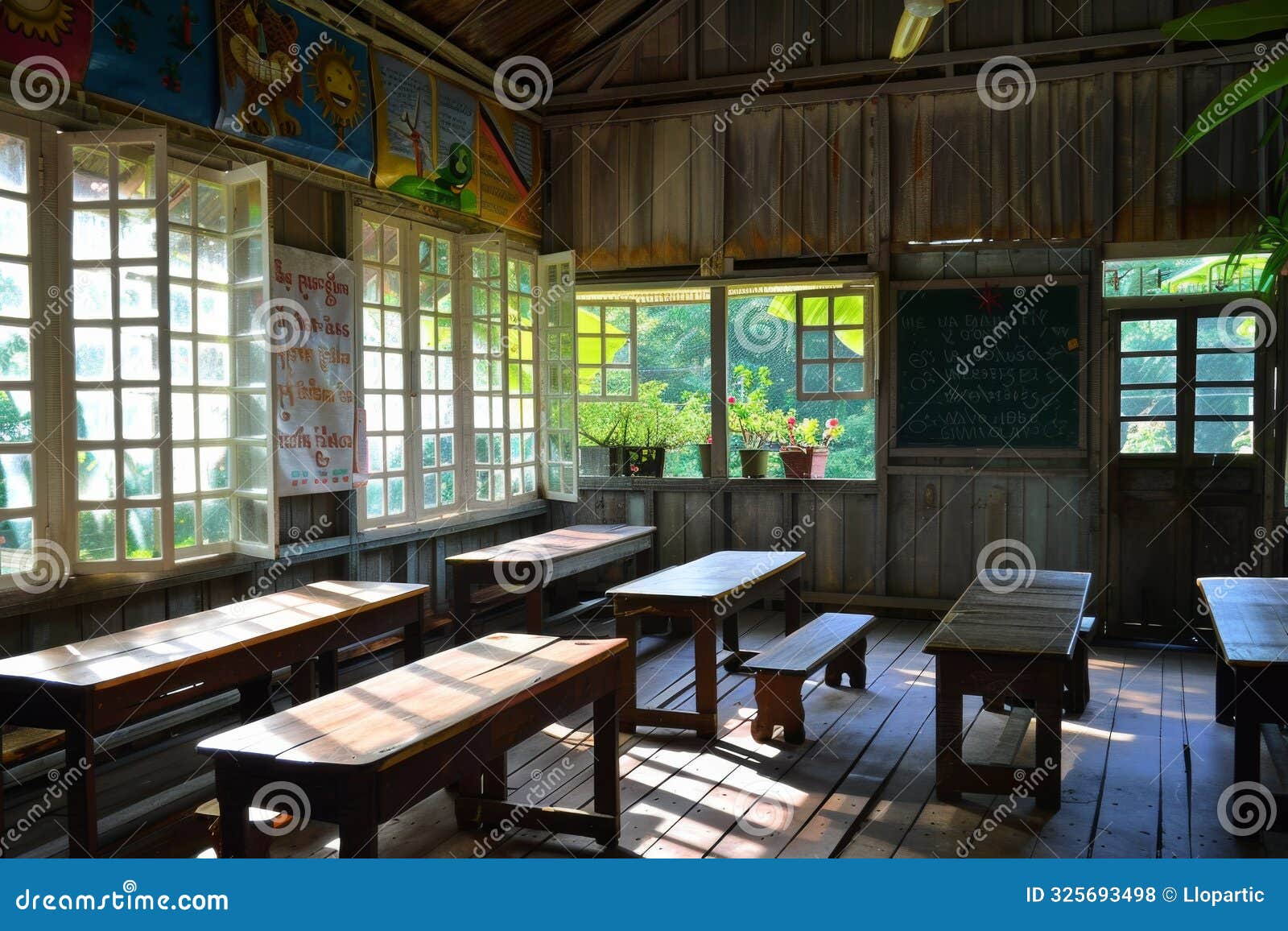 A Spacious, Rustic Classroom With Wooden Tables And Benches, Large ...