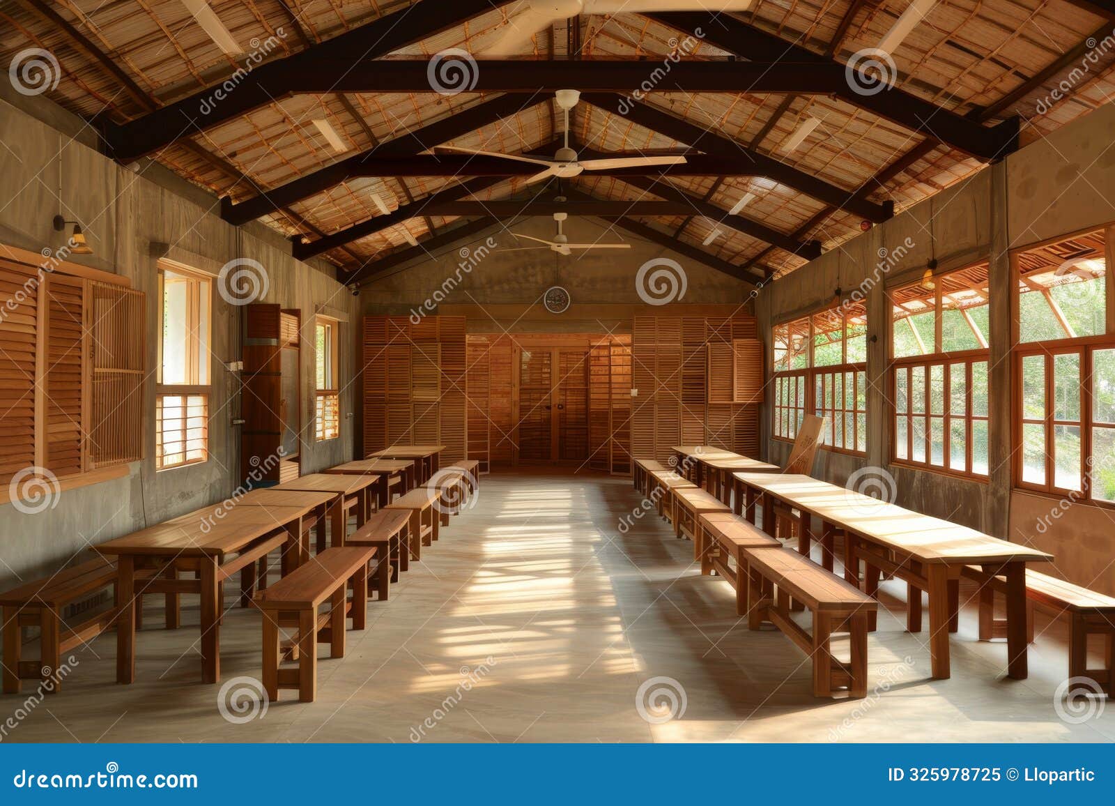 A Spacious, Rustic Classroom With Wooden Tables And Benches, Large ...