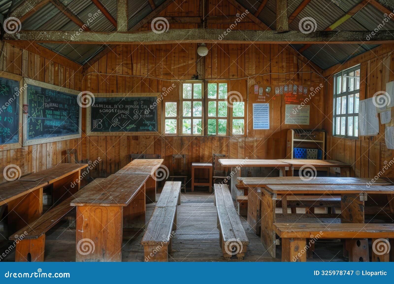 A Spacious, Rustic Classroom With Wooden Tables And Benches, Large ...