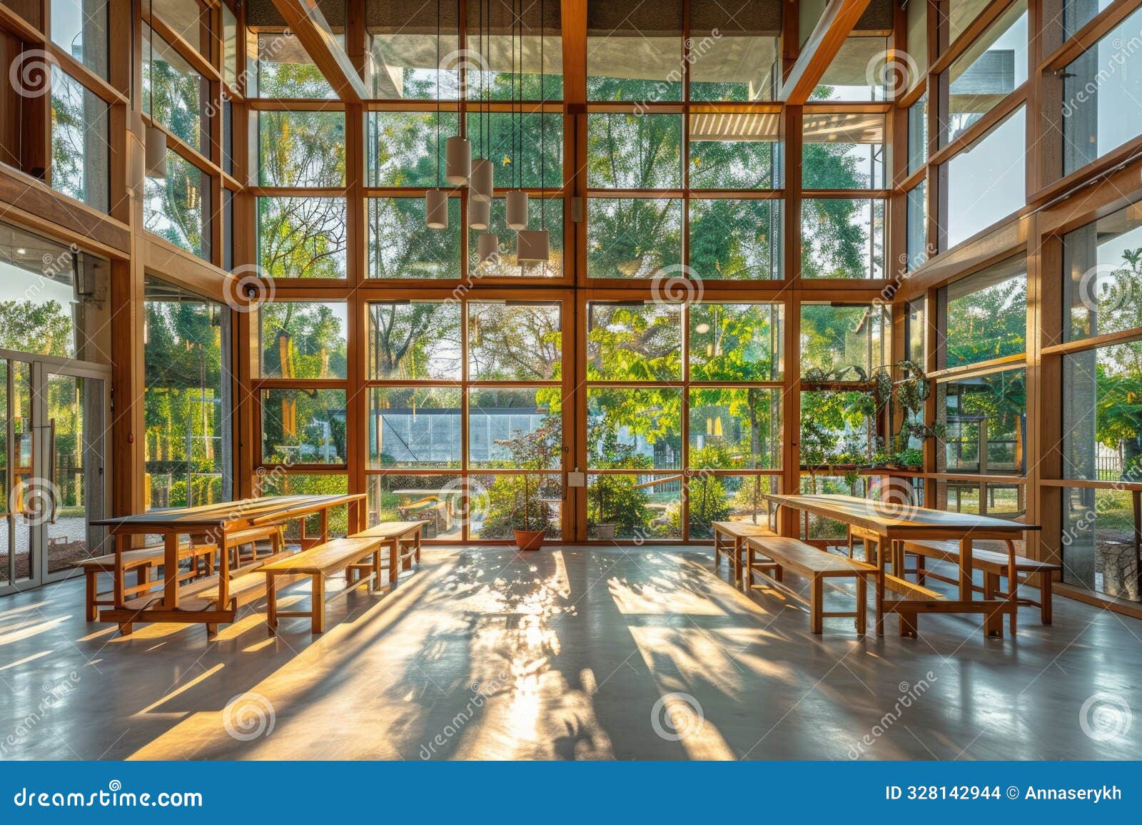 Modern School Atrium with Natural Lighting and Wooden Benches for ...