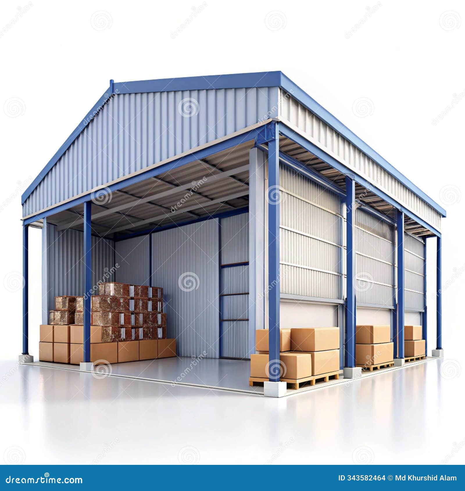 Spacious Steel Frame Warehouse with Open Storage and Palletized Boxes ...