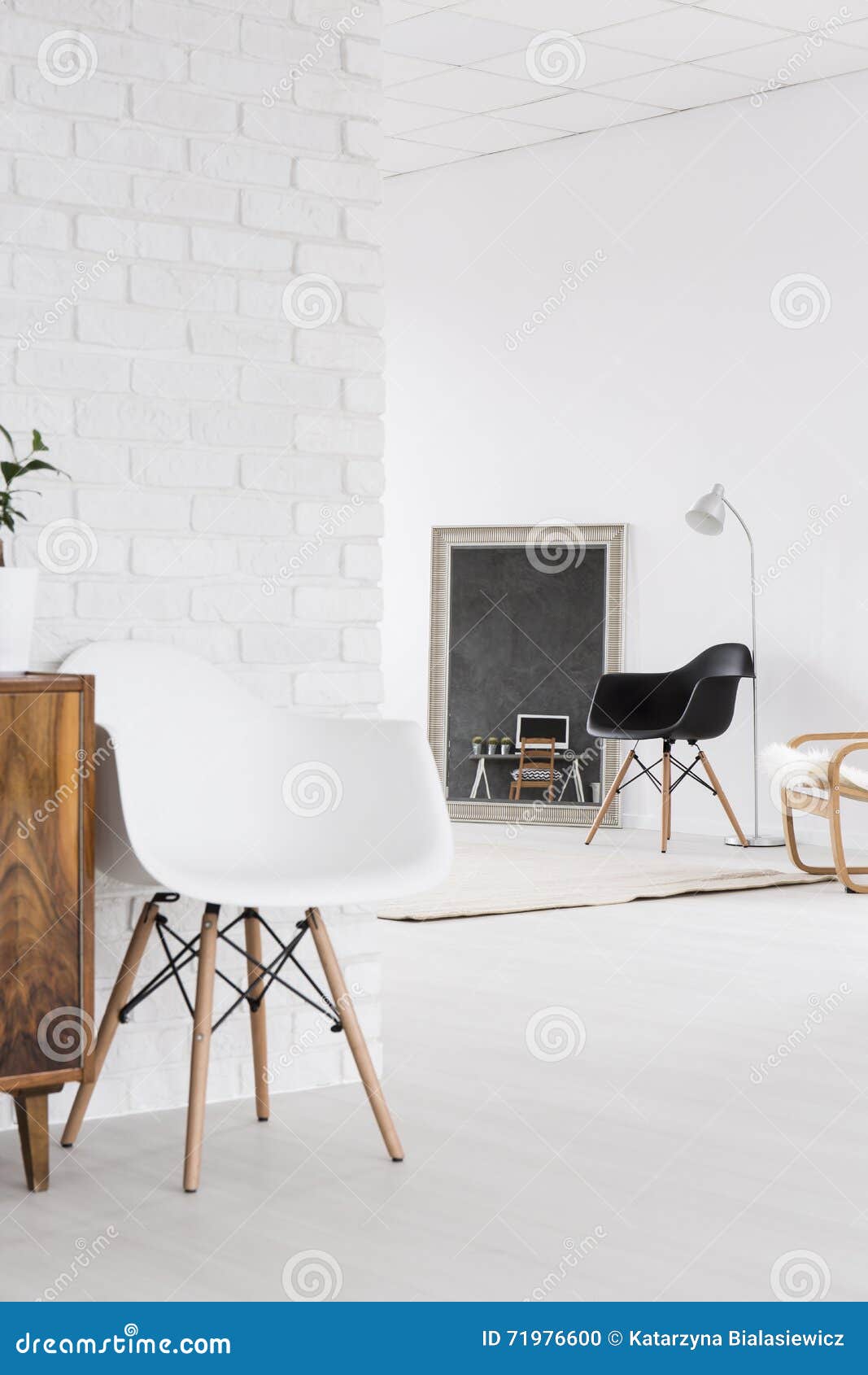Spacious Studio with White Brick Wall Stock Photo - Image of ...