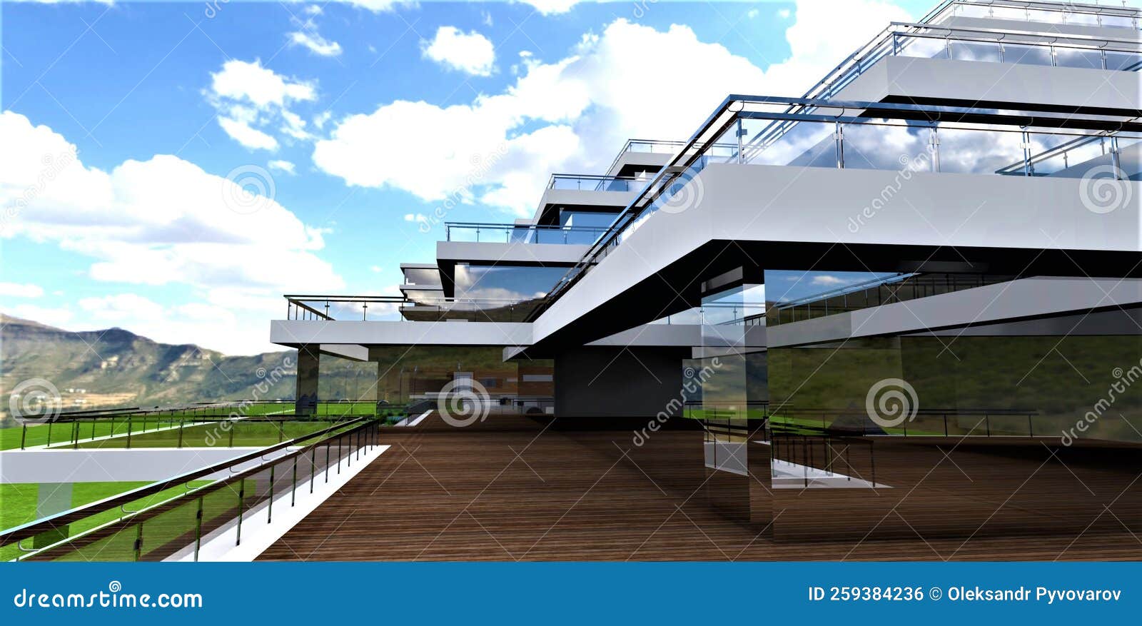 Spacious Terrace of a Multi-level Luxury Hotel with a Glass Facade ...