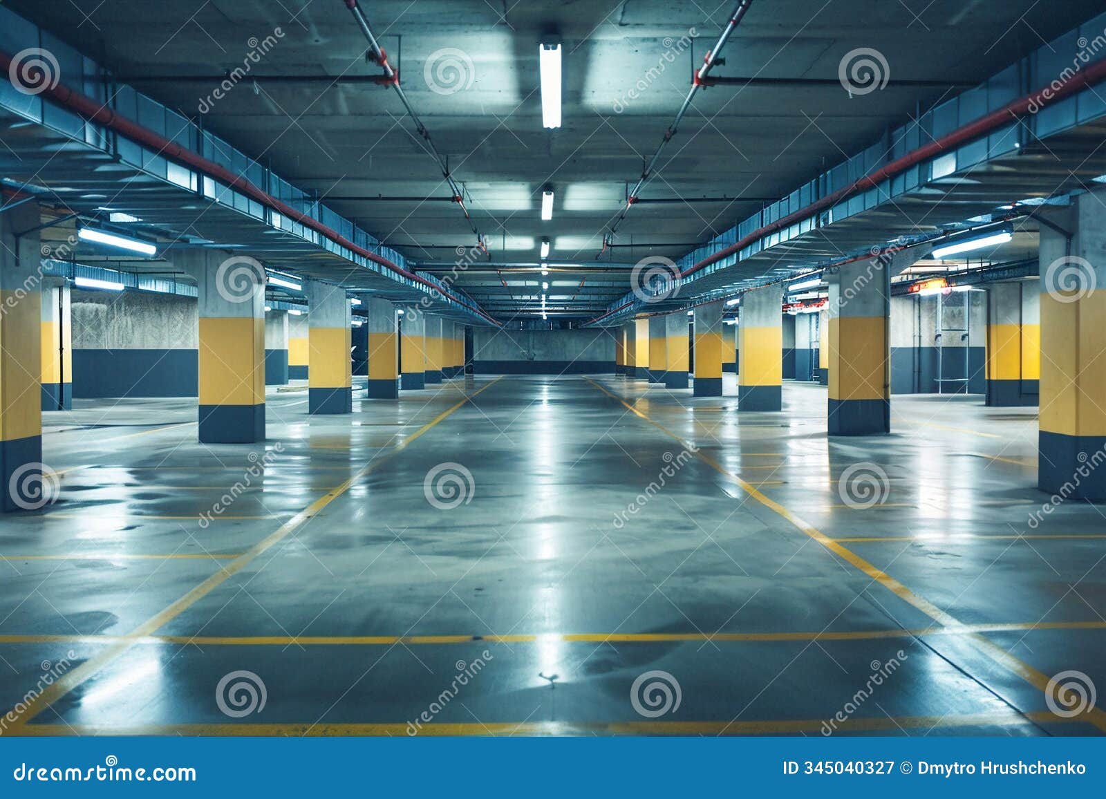 Spacious Underground Parking Garage with Yellow Columns, Illuminated by ...