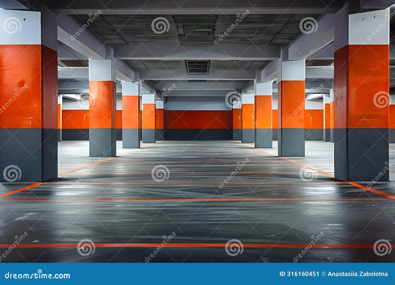 Spacious Underground Parking Lot with Concrete Columns and Painted ...