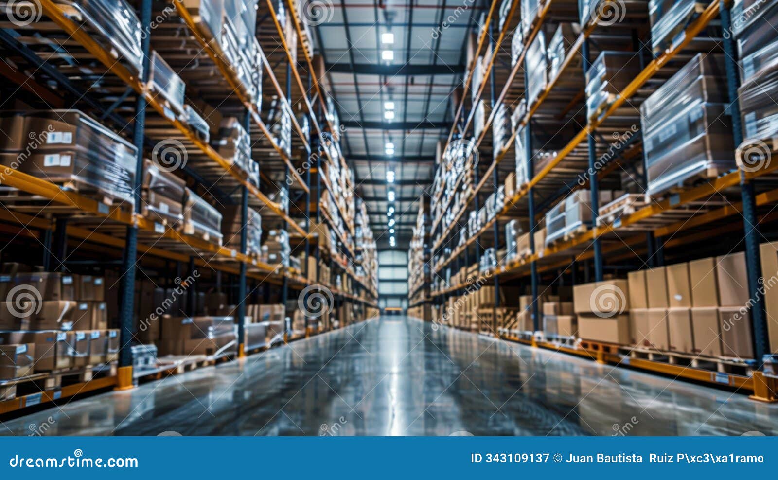 Spacious Warehouse Aisle with Rows of Shelves and Boxes Stock Image ...