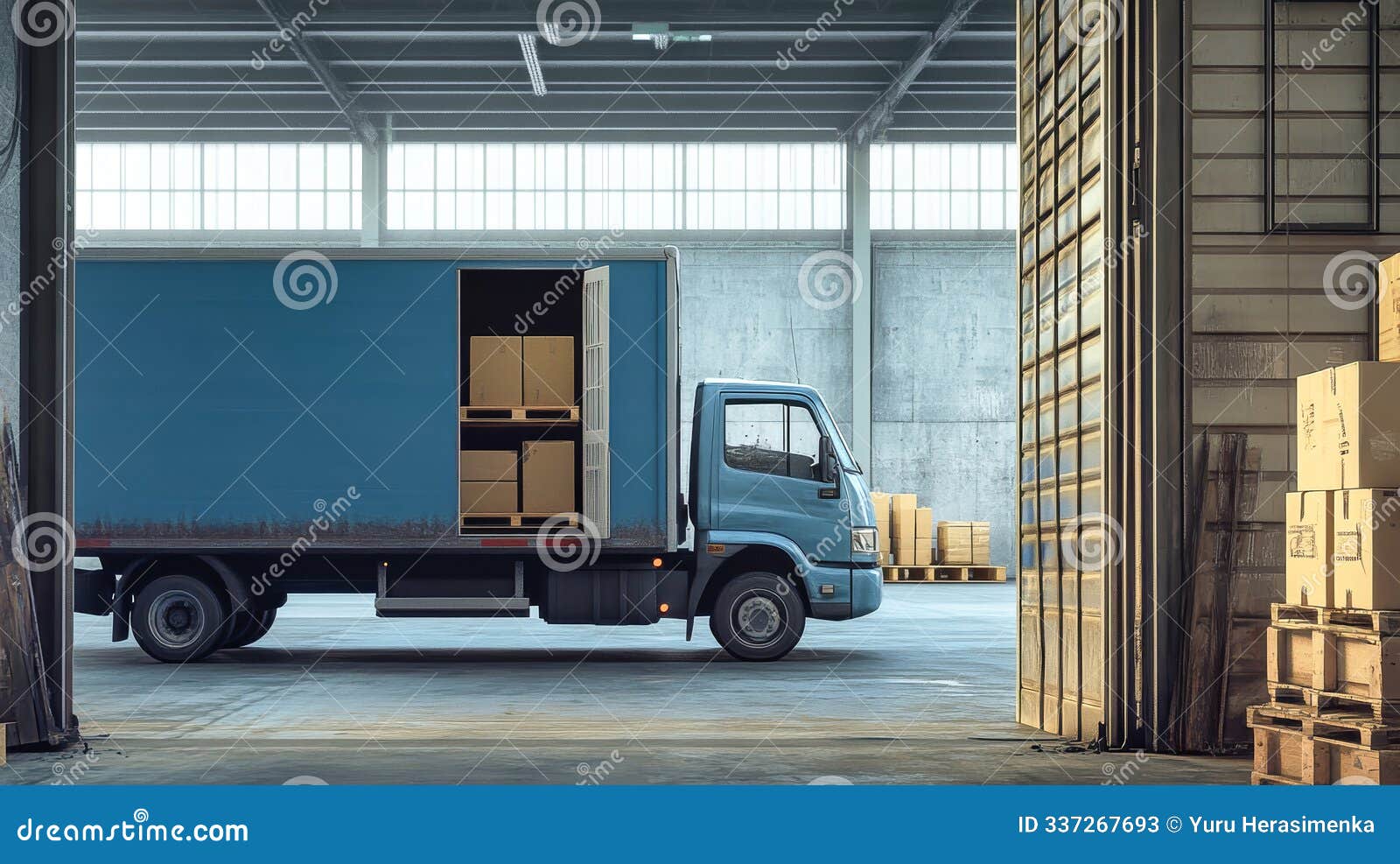 A Spacious Warehouse Features a Blue Truck with an Open Door, Revealing ...