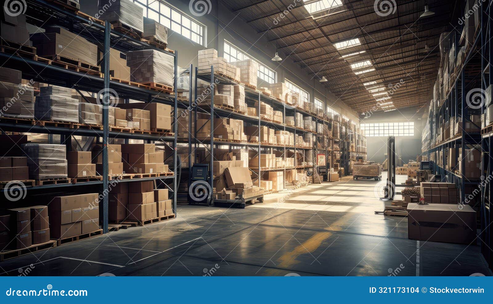 Spacious Warehouse Aisles With Organized Shelves And Boxes. Concept ...