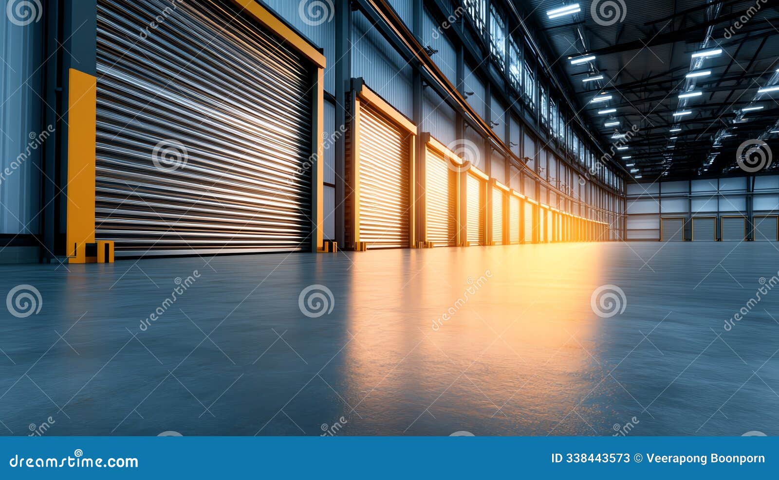 Spacious Warehouse Interior with Loading Doors and Evening Sunlight ...