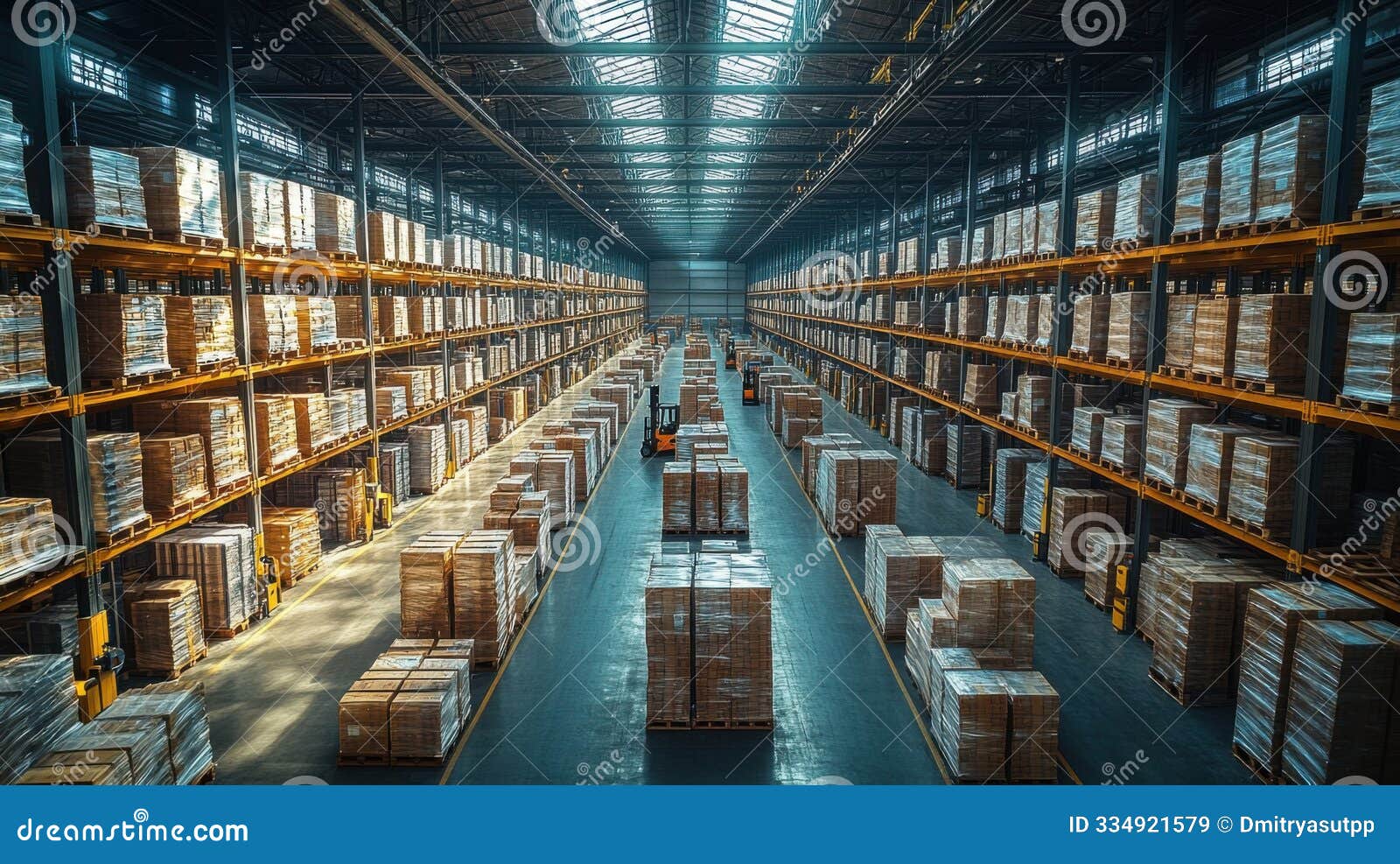 Spacious Warehouse Interior with Stacked Pallets and Forklift Operating ...