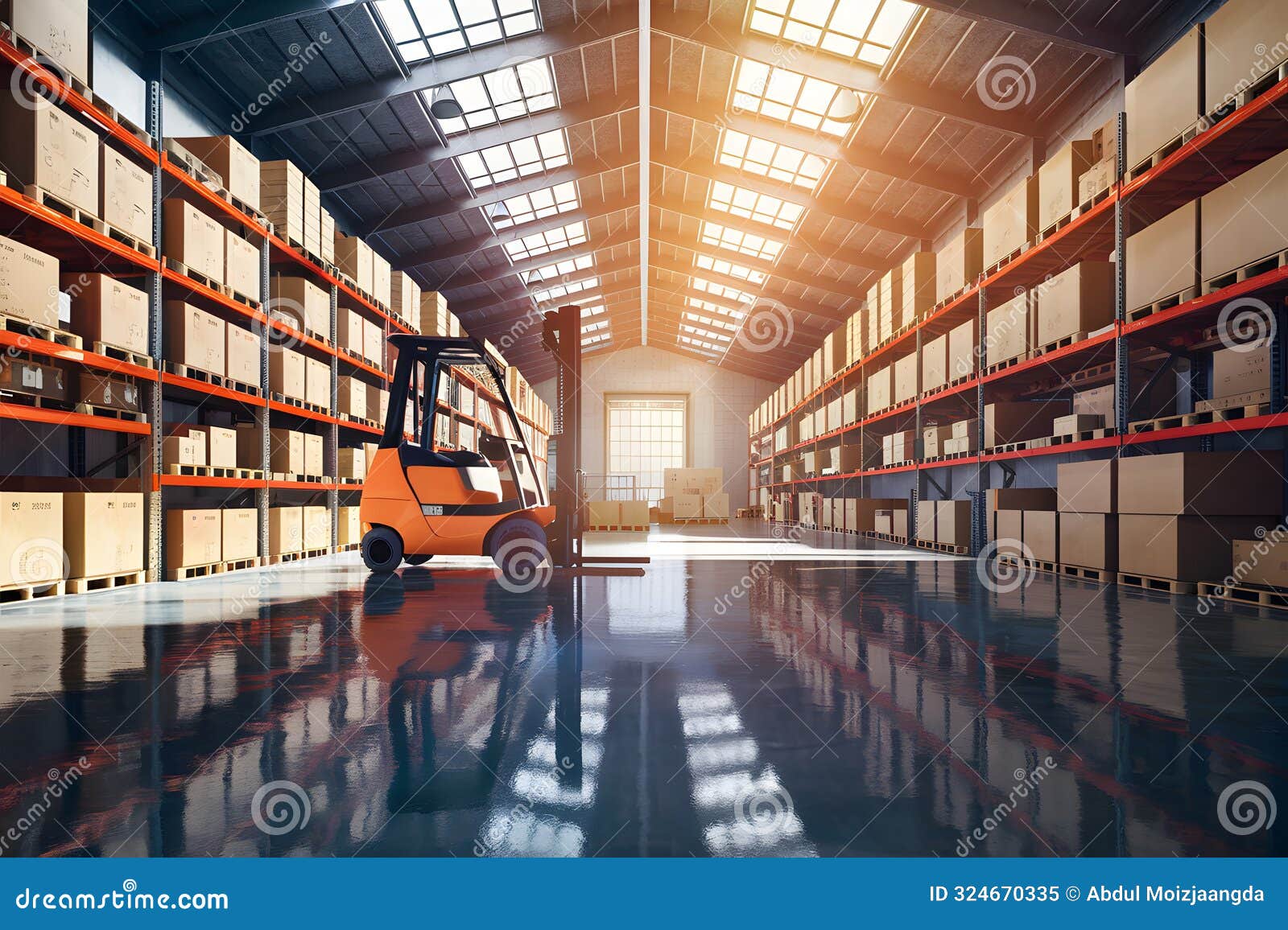 Spacious Warehouse Aisles With Organized Shelves And Boxes. Concept ...