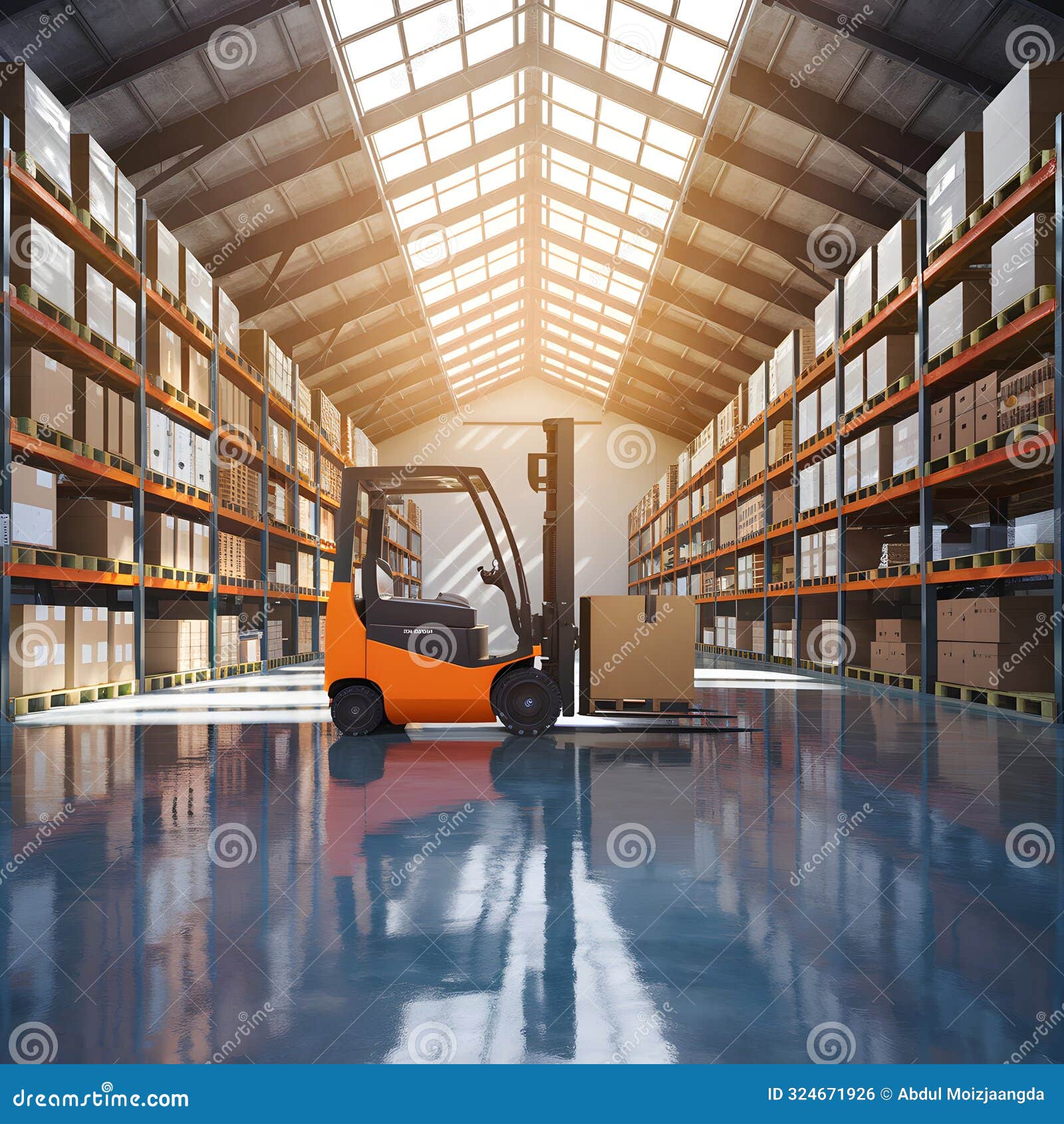 Spacious Warehouse with Organized Shelves, Sunlight through Skylights ...