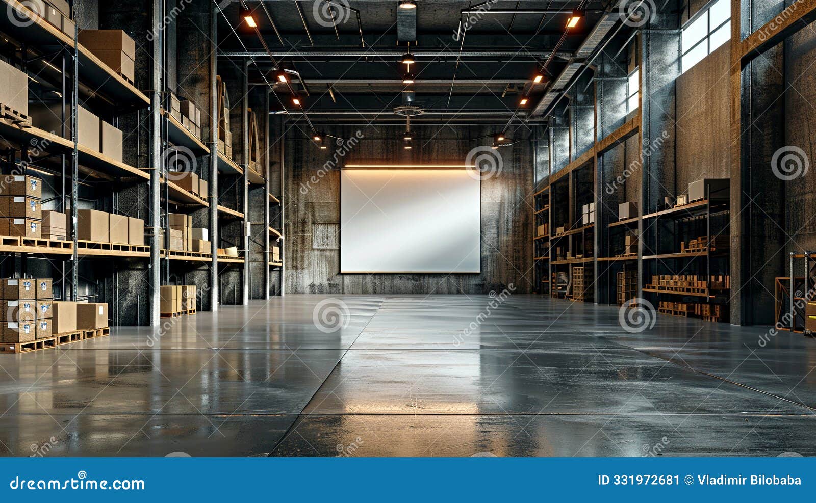 Large Industrial Warehouse Interior with Shelving and a Blank ...