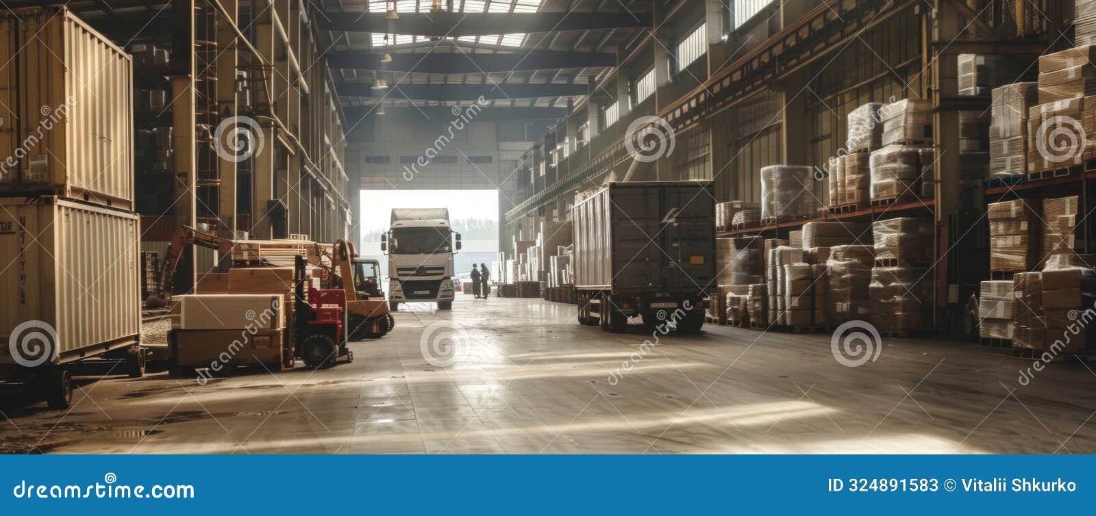 A Spacious Warehouse with Trucks and Forklifts Engaged in Loading and ...