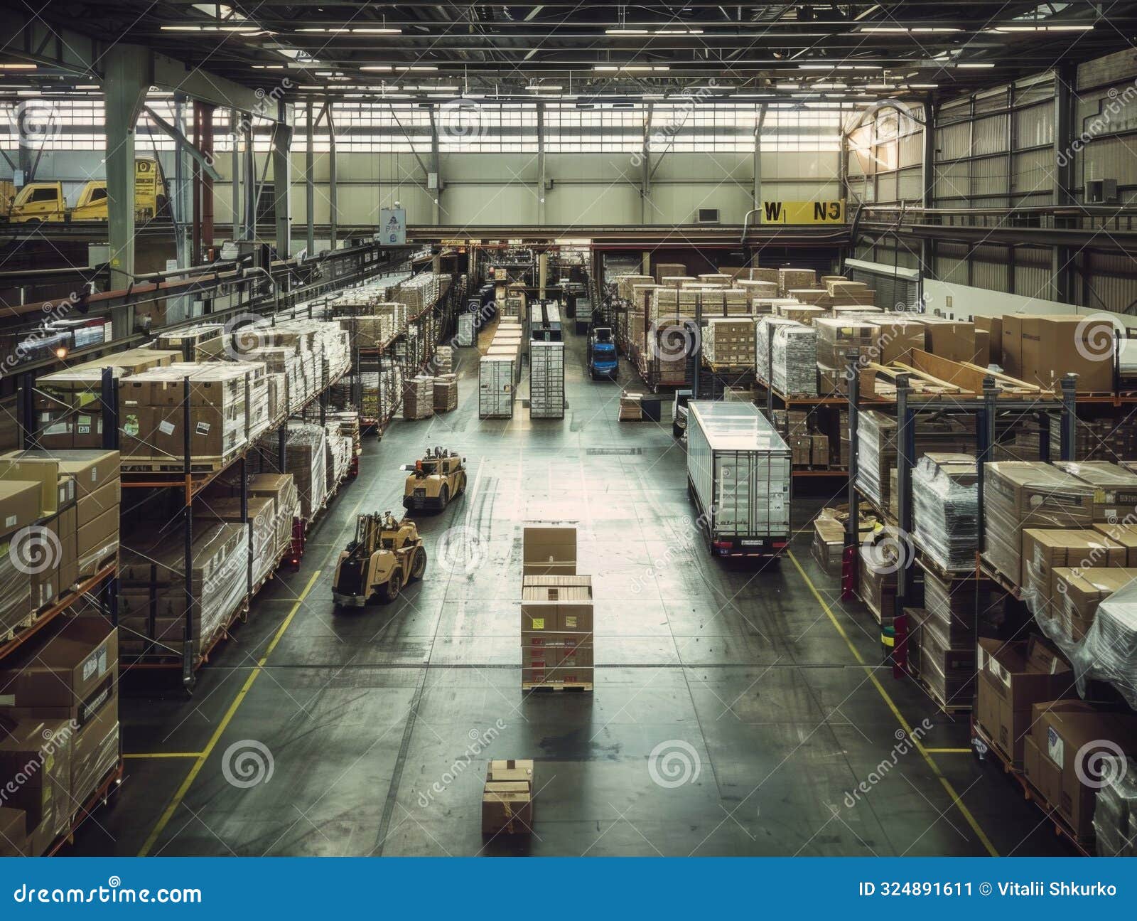A Spacious Warehouse with Trucks and Forklifts Engaged in Loading and ...