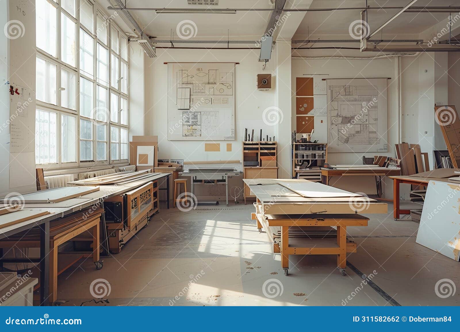 Spacious and Well-lit Architect S Studio with Drafting Tables and Plans ...