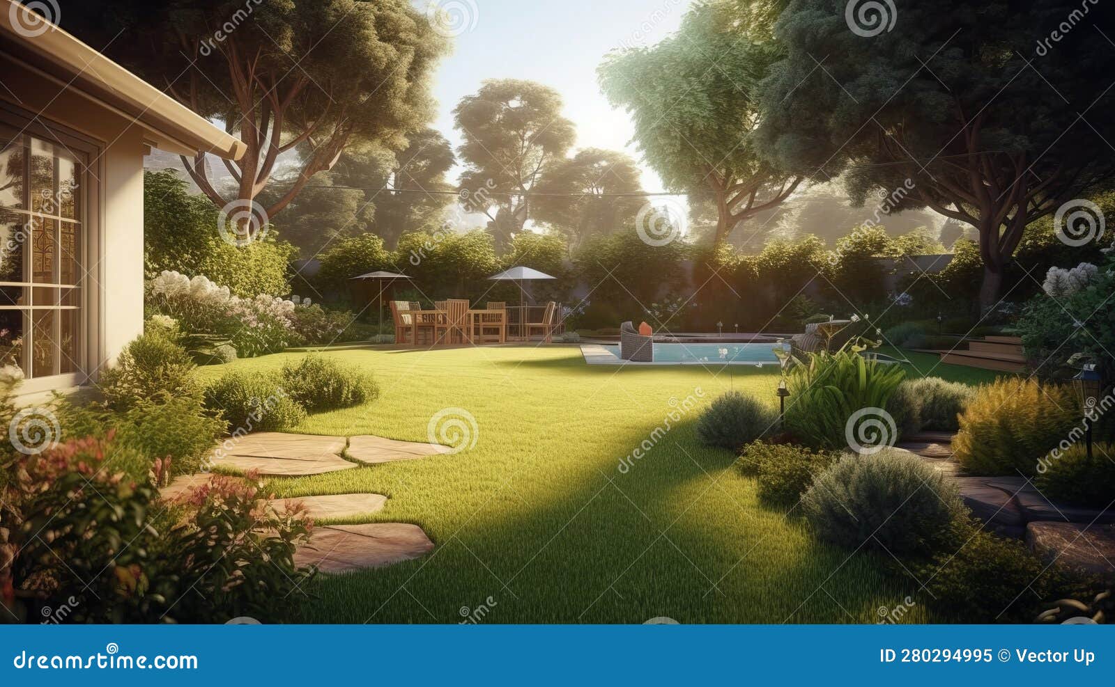 A Spacious and Well-manicured Backyard. Generative AI Stock ...