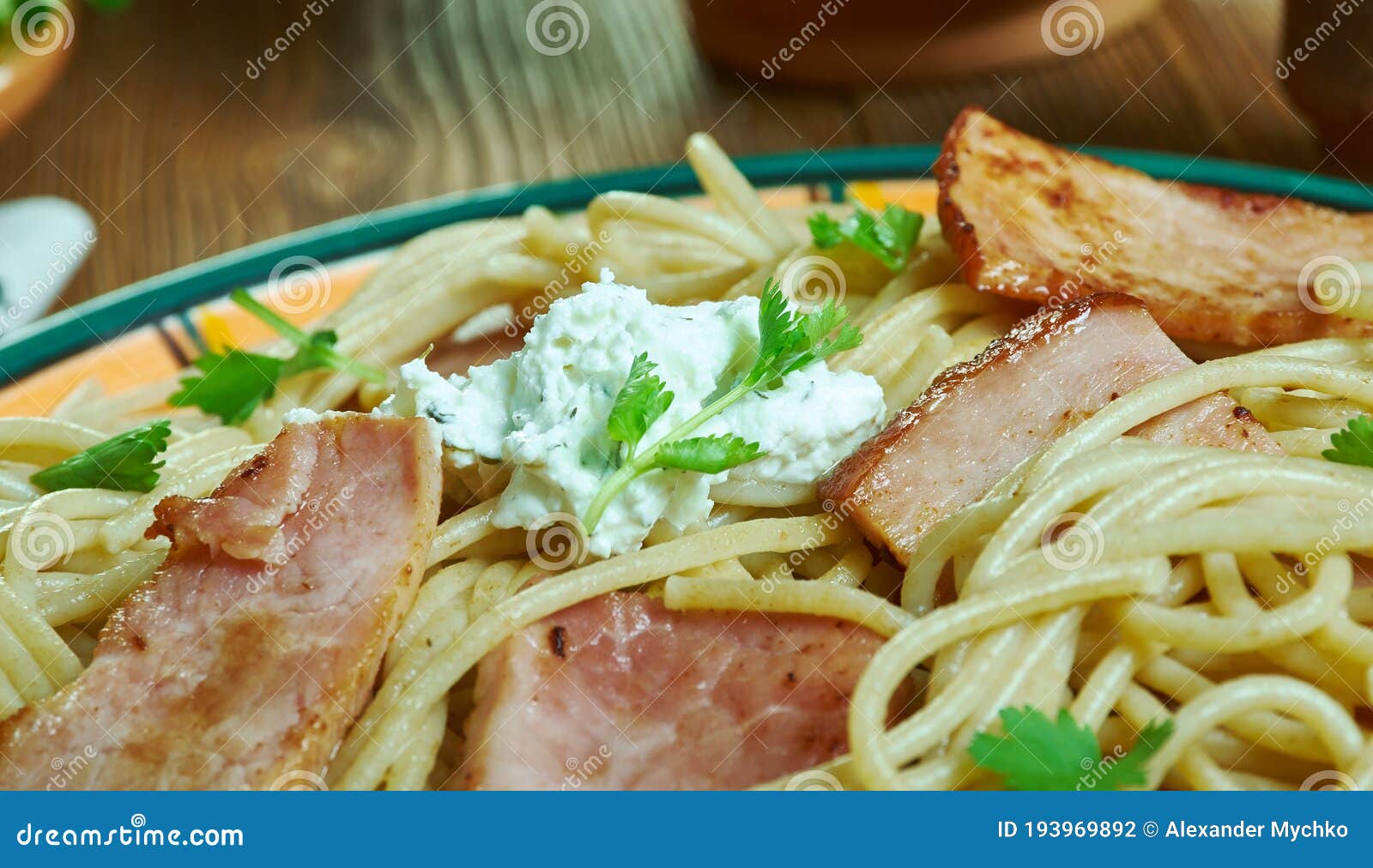 Spaghetti al guanciale stock photo. Image of meat, homemade - 193969892