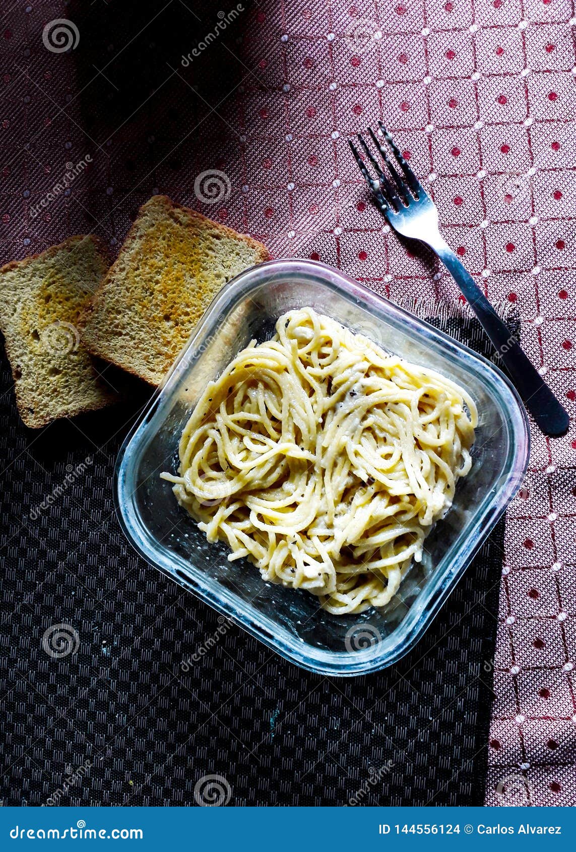 Spaghetti Alfredo and Toasted Bread Dark Food Stock Photo - Image of ...