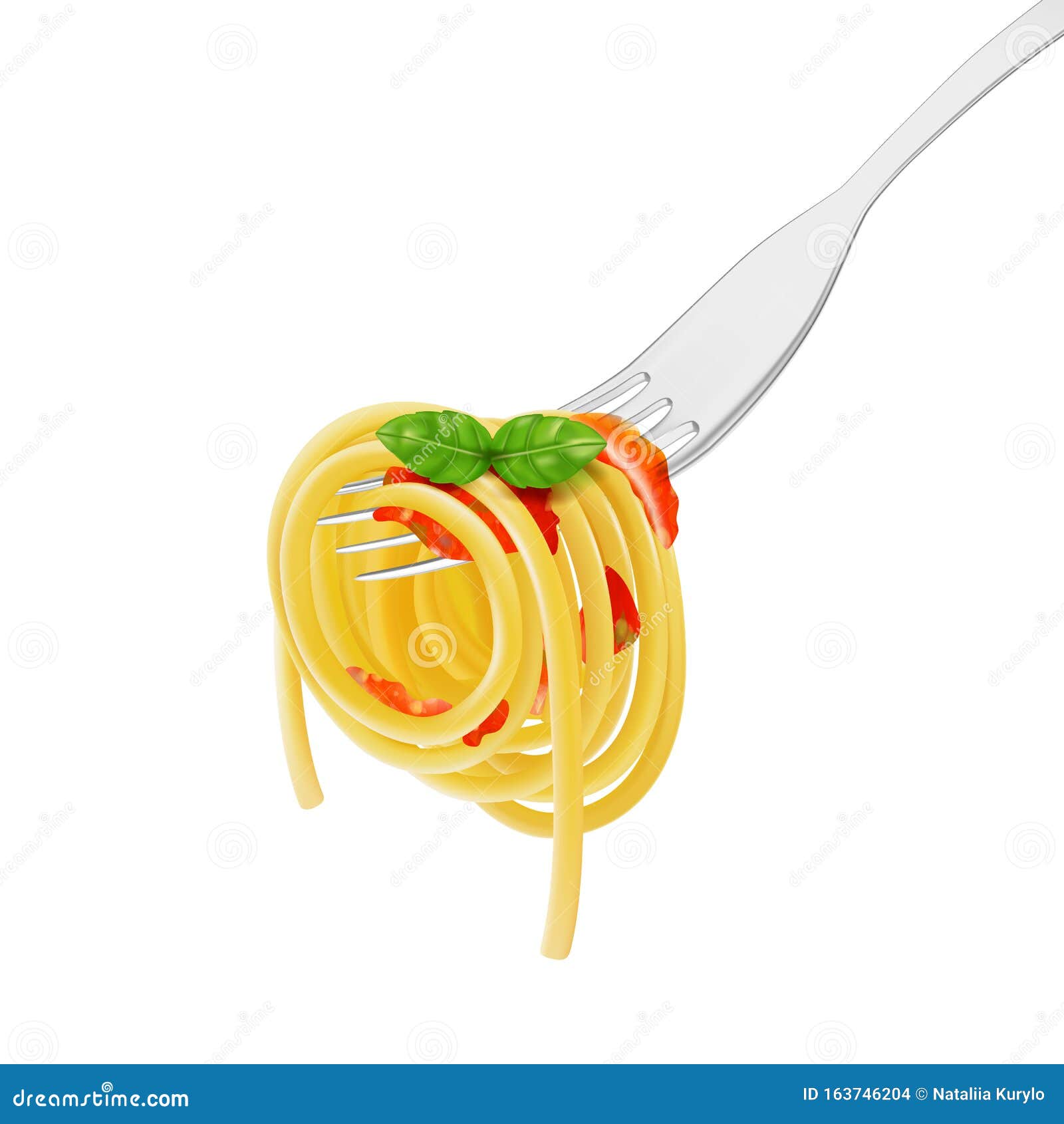 Spaghetti Auf Einer Gabel Mit Soße Und Basilikum Auf Weißem Hintergrund ...