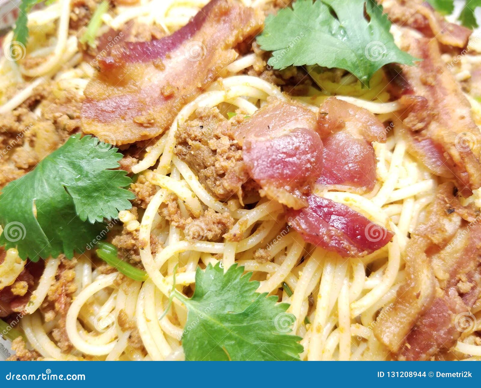 Spaghetti with Bacon and Cilantro Stock Photo - Image of traditional ...