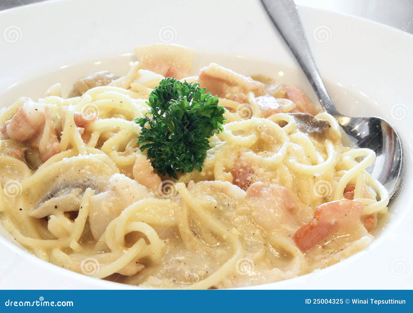 Spaghetti Bacon with Cream Sauce in White Dish Stock Image - Image of ...