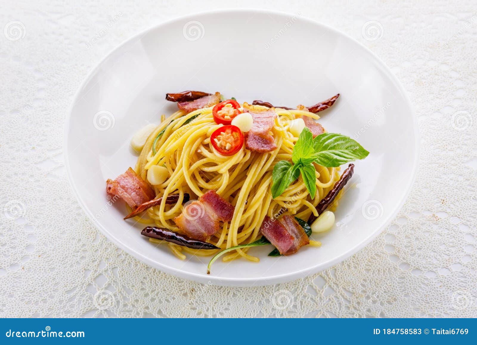 Spaghetti bacon spicy food stock image. Image of pasta - 184758583