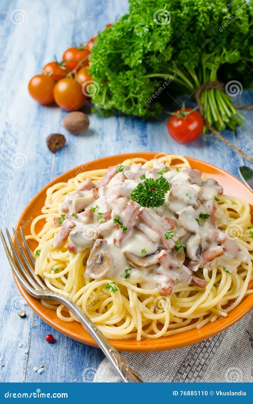 Spaghetti with Bechamel Sauce, Mushrooms and Bacon Stock Photo - Image ...