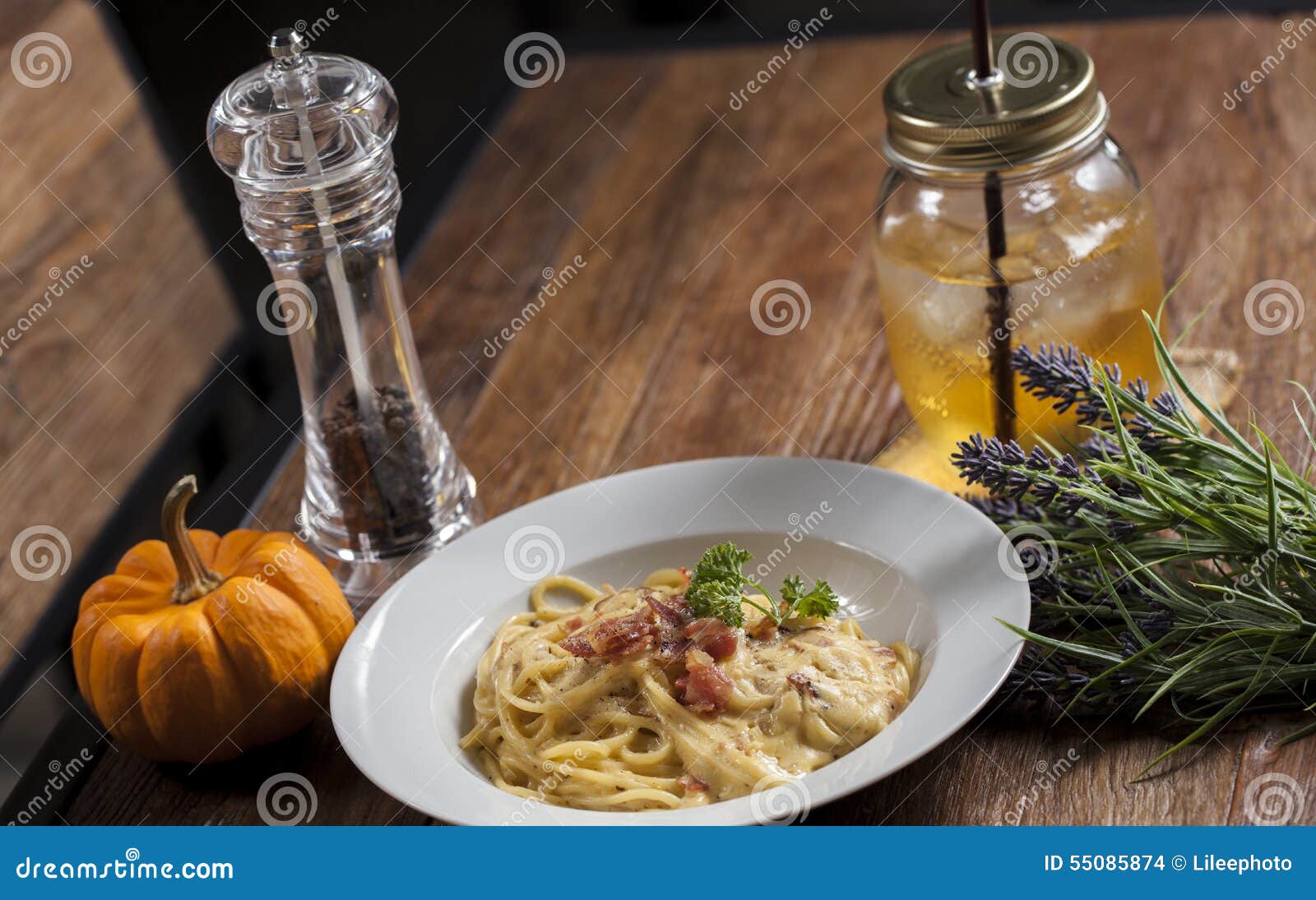 Spaghetti with Beverage and Garnish Stock Photo - Image of gourmet ...